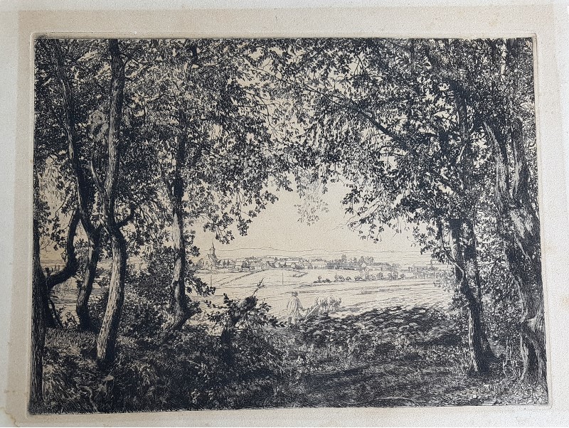 130 Radierung Landschaft Blick auf Dorf